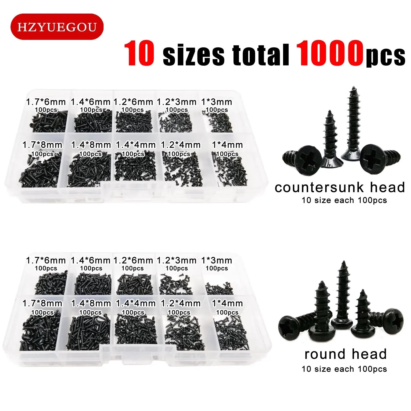Набор мини-саморезов 1000 шт, Countersunk head