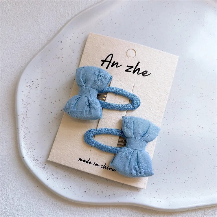 Синие тканевые заколки-бантики для девочек Embroidery Bow-BB Cl