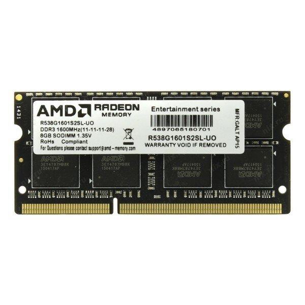 Модуль памяти 8GB AMD Radeon DDR3L 1600 SO DIMM R5 Entertainment Series Black R538G1601S2SL-U Non-ECC. CL11. 1.35V. Retail