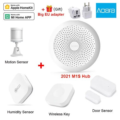 Гейтвей Aqara M1S Hub. Комплекты умного дома Zigbee. Датчики температуры, двери, движения, дыма. Дополнительное управление. Совместимы с приложением Xiaomi и HomeKit. 5 в 1, как на картинке WS