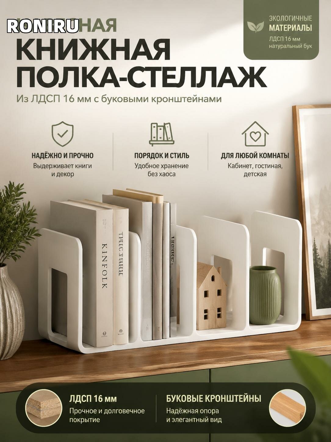 Навесная книжная полка-стеллаж из ЛДСП 16 мм с буковыми кронштейнами для книг и декора в кабинете, гостиной, детской