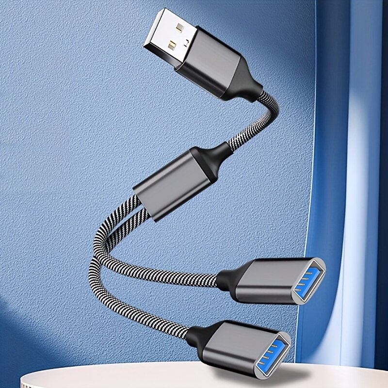USB-разветвитель Y-кабель 1 USB-A штекер на 2 USB-A гнезда, переходник-удлинитель для данных и зарядки, для ПК, ноутбука и автомобиля, серый