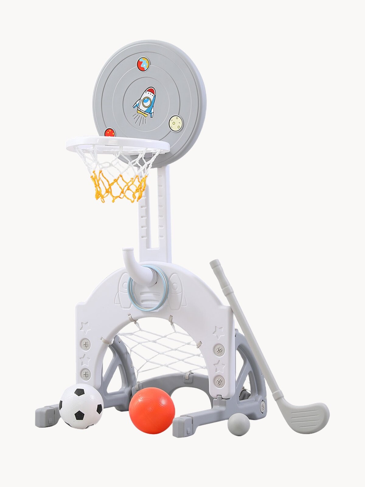 Игровой комплекс 4 в 1 UNIX Kids Space Grey, хоккейные и футбольные ворота, баскетбольная стойка, для дома, улицы, дачи