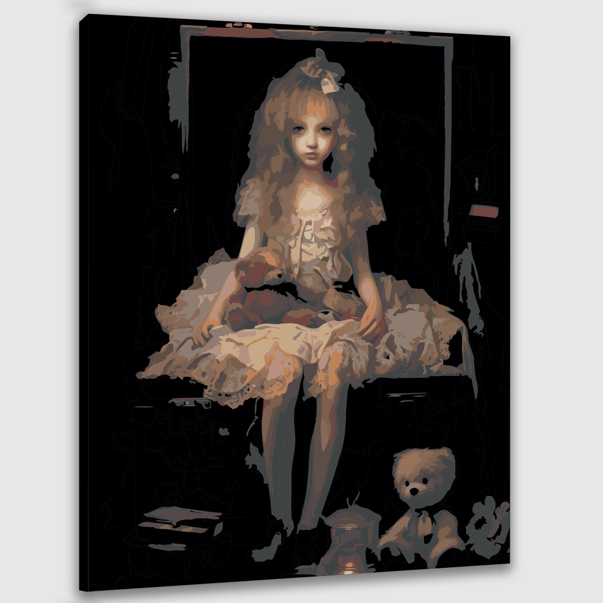 Картина по номерам 40x50 см, цифровая картина, фарфоровая кукла, кружевное платье, деревянный сундук, игрушки