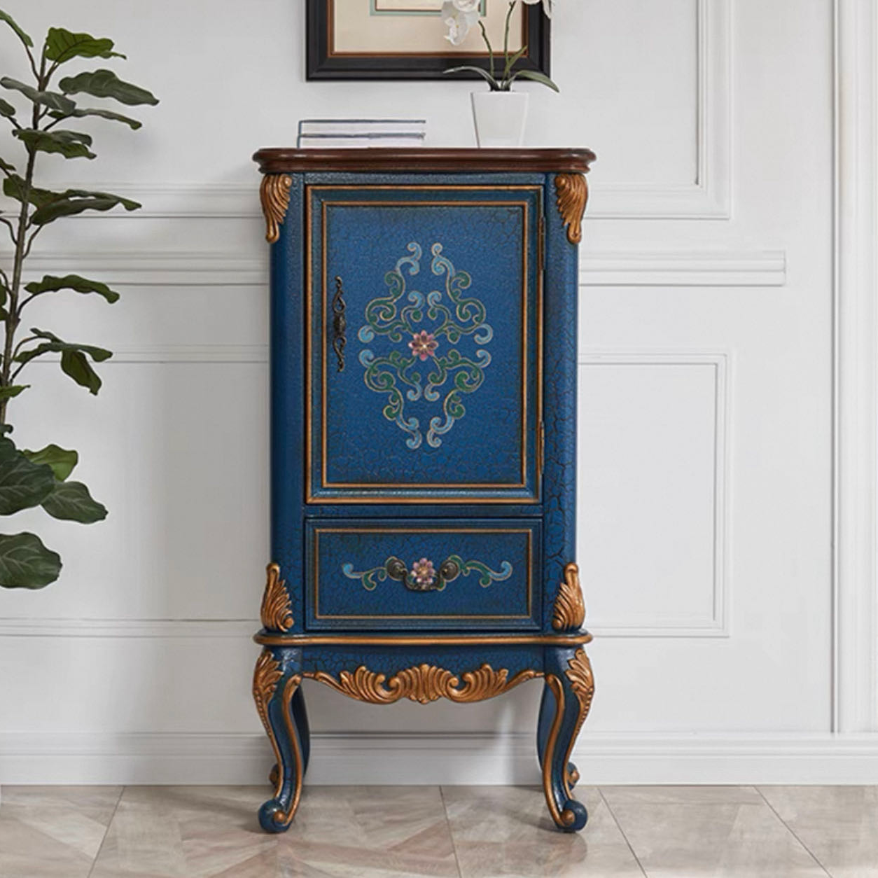 Высокая тумба с выдвижным ящиком в винтажном американском стиле Mourie (синий)