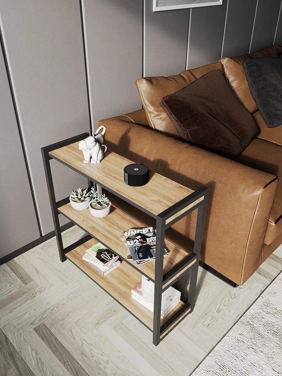 Стеллаж напольный SAMADA в стиле Loft прикроватный и журнальный, этажерка на металлокаркасе 3 яруса, 68х24х64 см, дуб