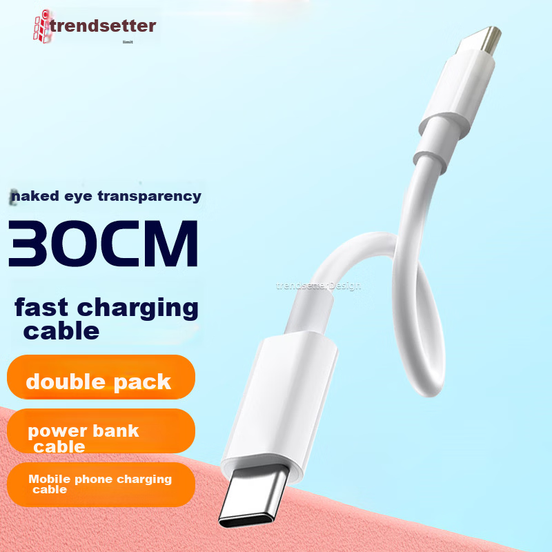 Trendsetter Dual Type-C Data Cable, Short Charging Cable for Power Bank, 65W PD Fast Charging Cable, Suitable for ASUS ROG, OnePlus, Red Magic, Lenovo, Huawei Phones And Tablets, Data Transfer And Charging Cable