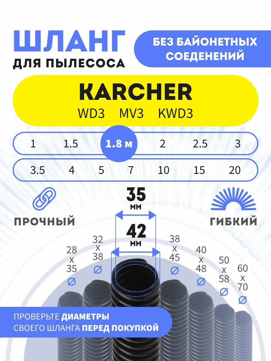 Шланг гибкий для пылесосов Karcher серий WD3/MV3/KWD3 1.8 м