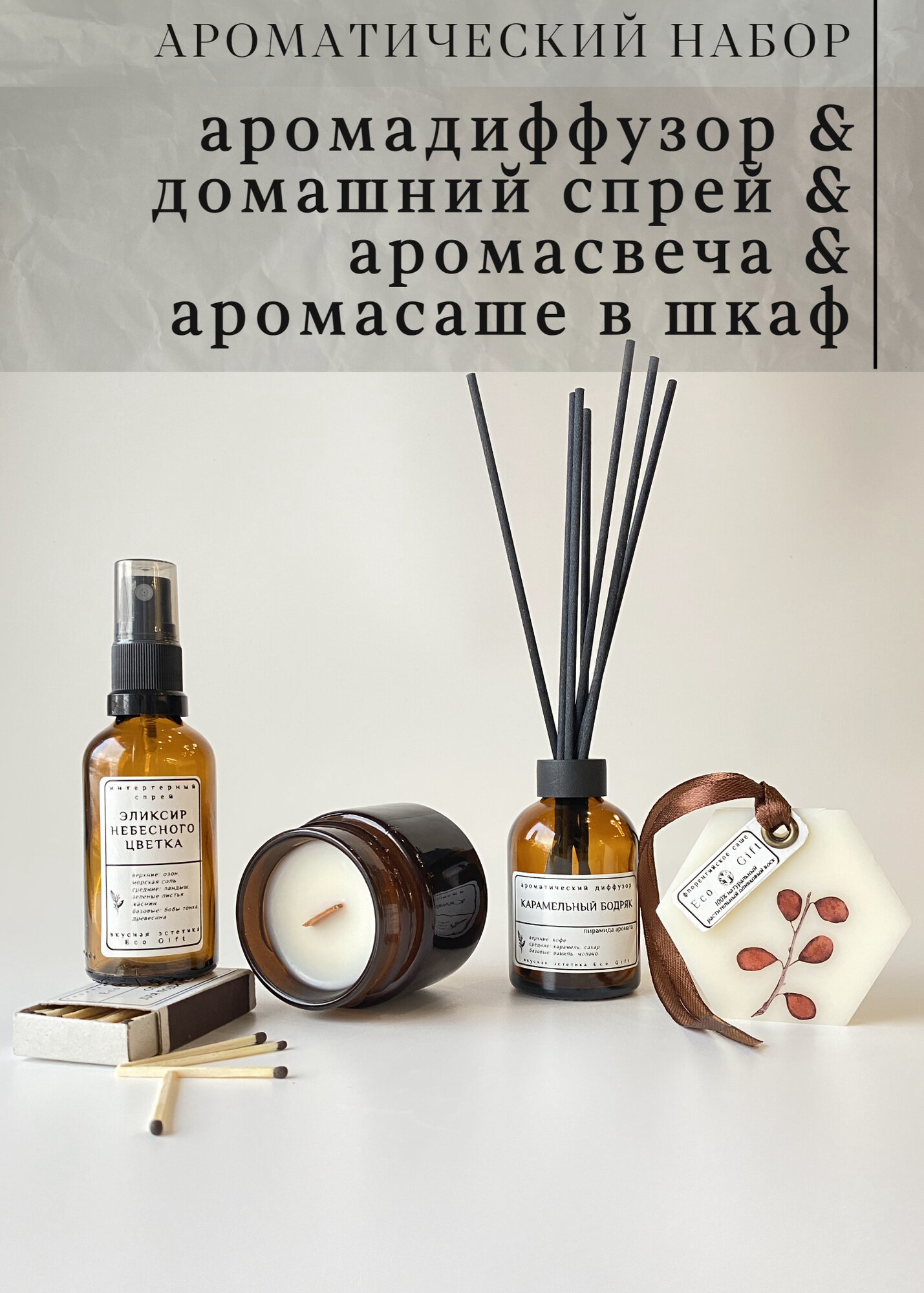 Подарочный ароматический набор «Смола времени» с арома диффузором и аромасвечой и интерьерным спреем и аромасаше