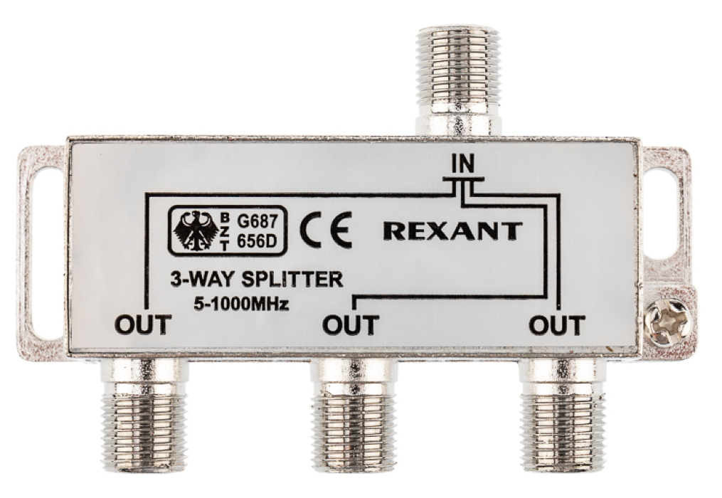 Сплиттер REXANT / Рексант телевизионный, под F разъём, с 3 выходами, 5-1000МГц, 76×47×23мм / разделитель видеосигнала
