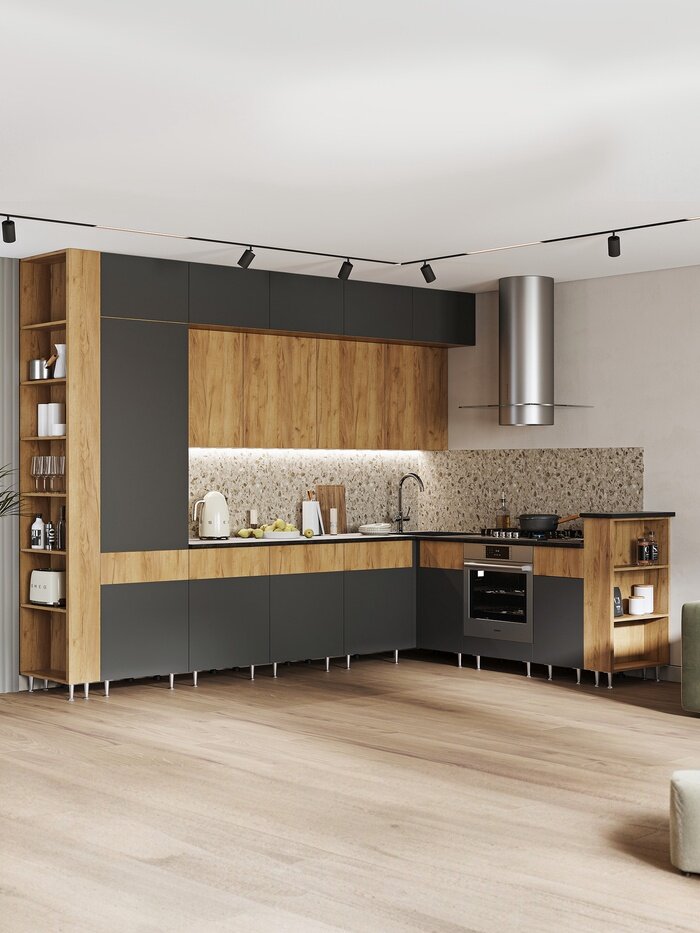 Кухонный гарнитур угловой в потолок «Техно-5», 3200×2240 мм, дуб крафт/графит софт