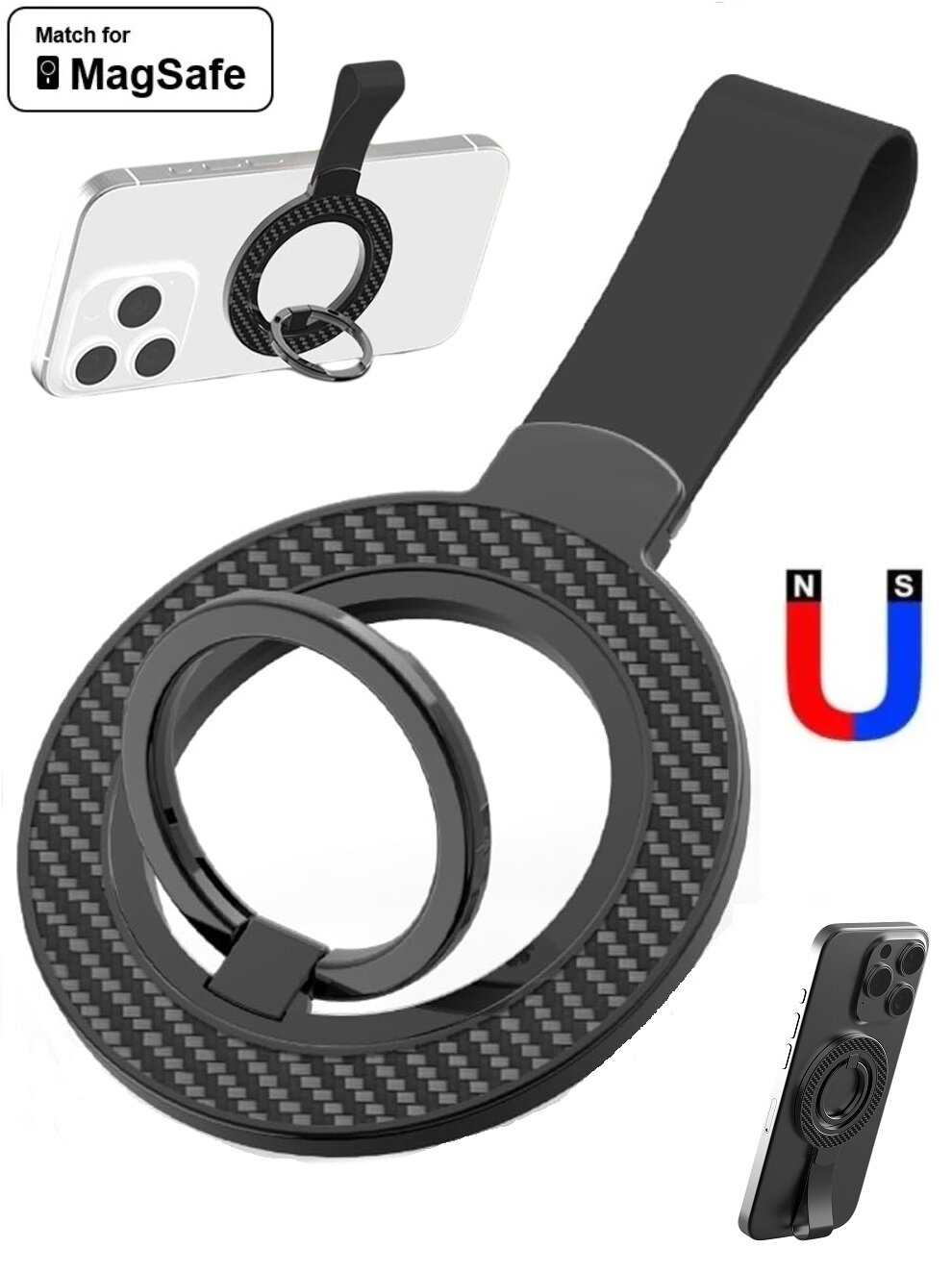 Магнитный держатель Магсейф с опорным кольцом и силиконовым ремешком карбон черный