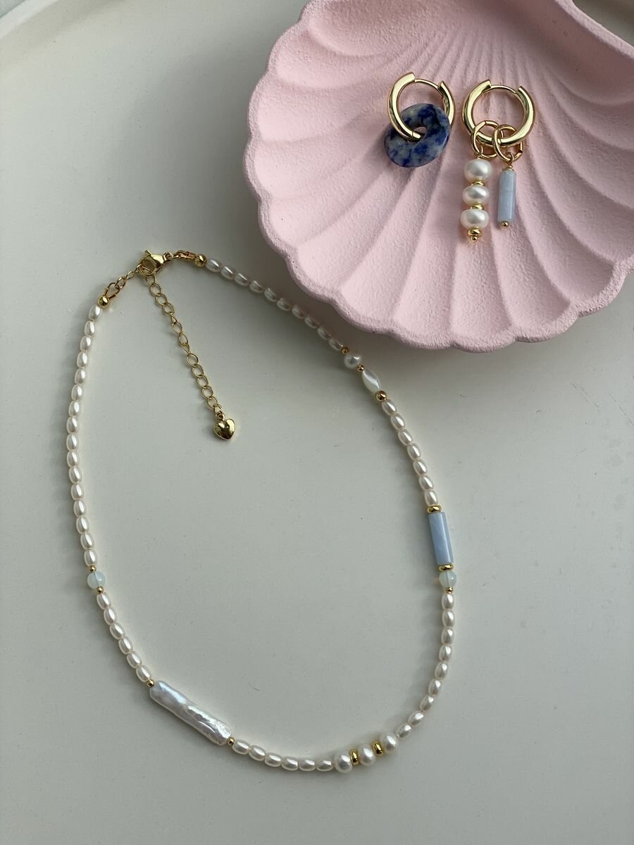 Чокер, жемчуг барочный, лунный камень, жемчуг пресноводный, аквамарин, жемчуг культивированный