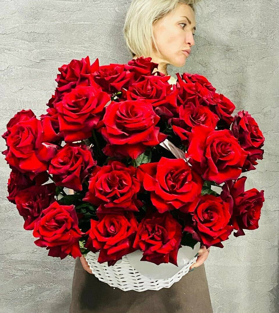 Корзина алых французских роз Explorer. Корзинка с цветами для любимой девушки