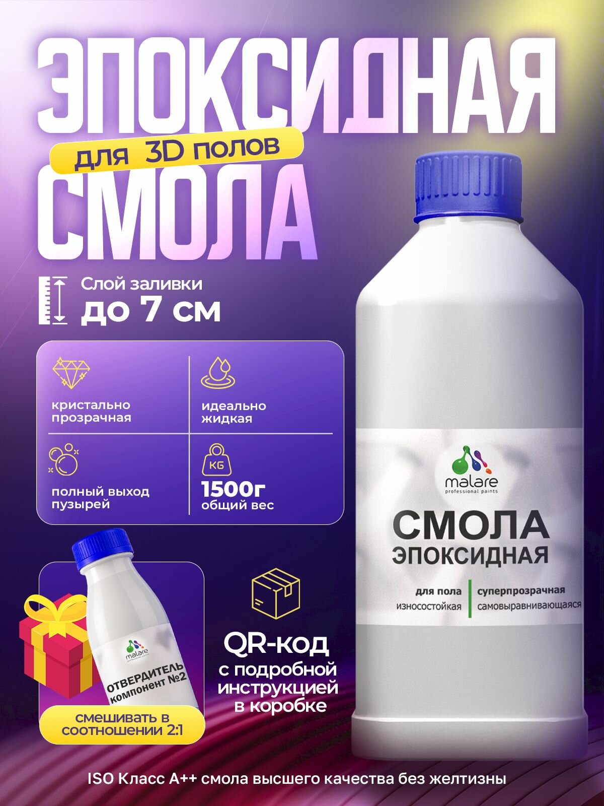 2К Эпоксидная смола Malare для пола, двухкомпонентная кристально-прозрачная, самовыравнивающаяся высокопрочная, без запаха (1 кг+0.5 кг отвердитель)