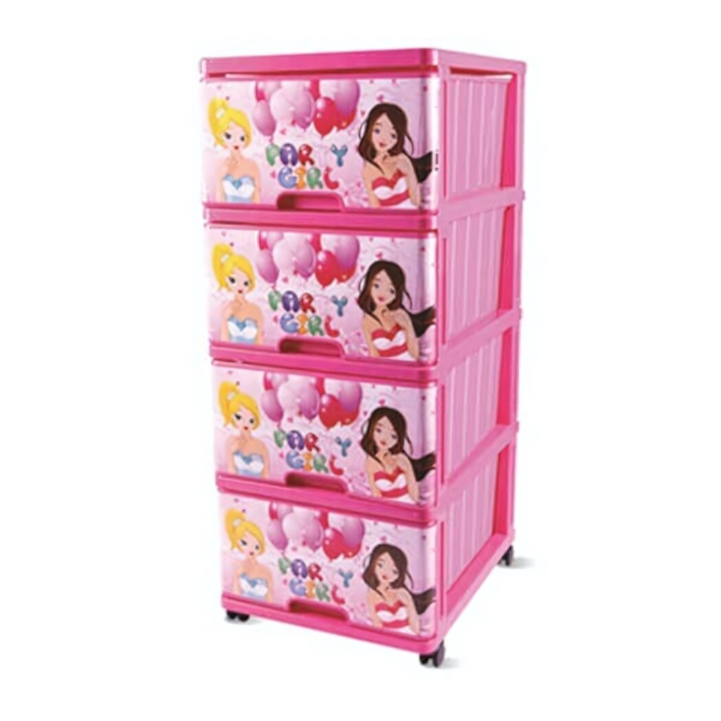 Комод пластиковый с 4 ящиками "Девочки на празднике" розовый для хранения