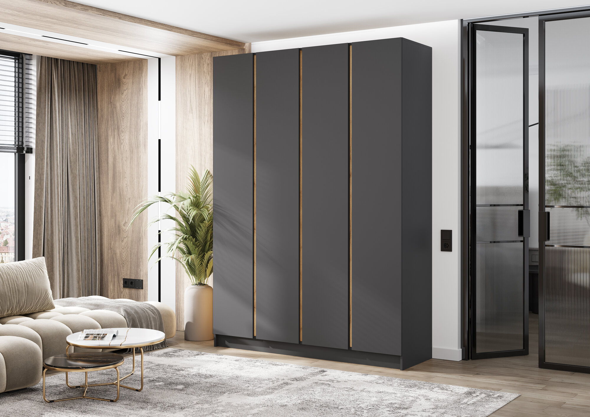 Шкаф для одежды Миф Келвин 4-х ств. Графит вставка дуб крафт 1600х2236х506мм