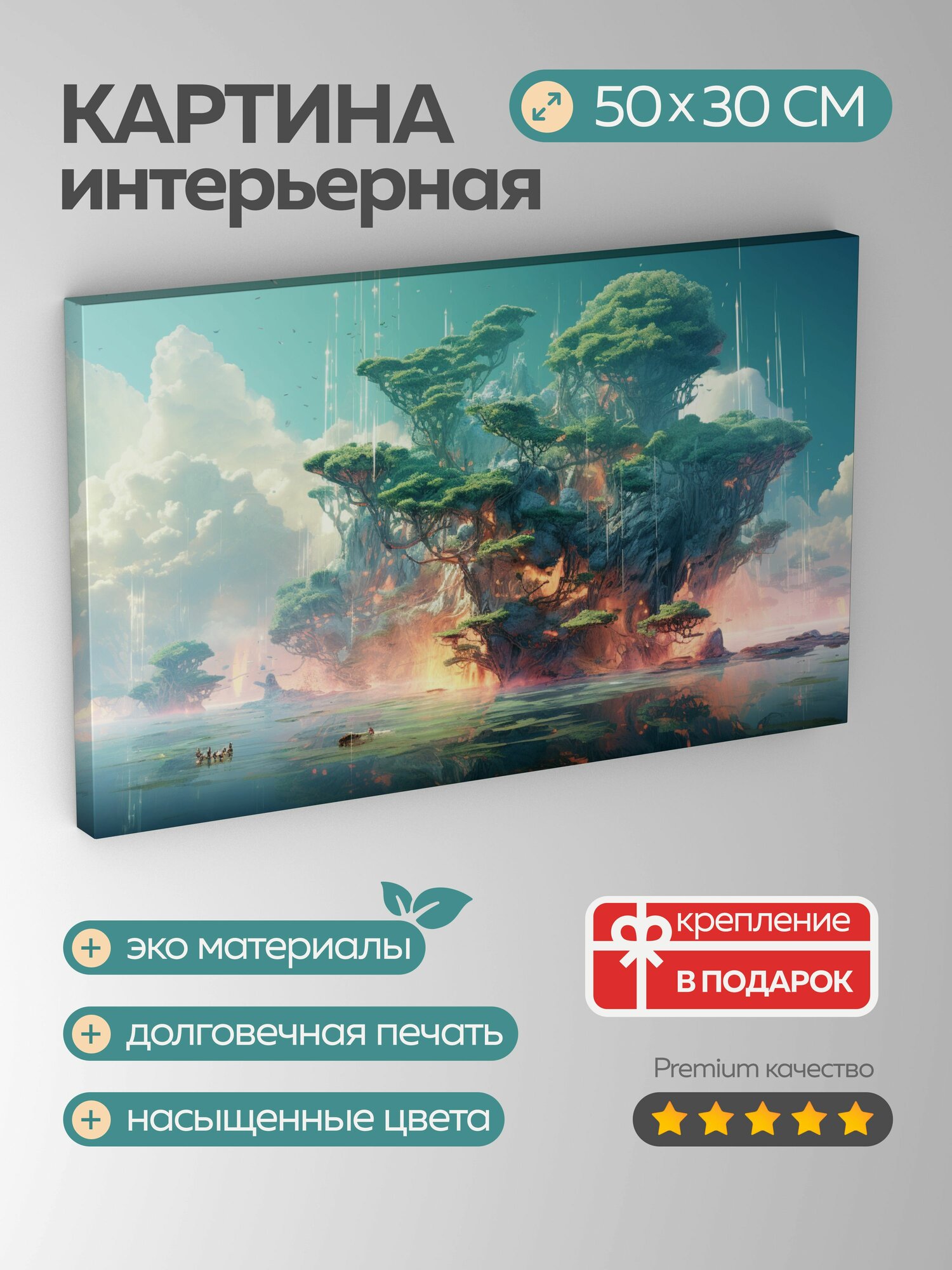 Картина на холсте интерьерная 50х30 см, сюрреализм, цифровая живопись, пейзаж, острова, светящиеся растения