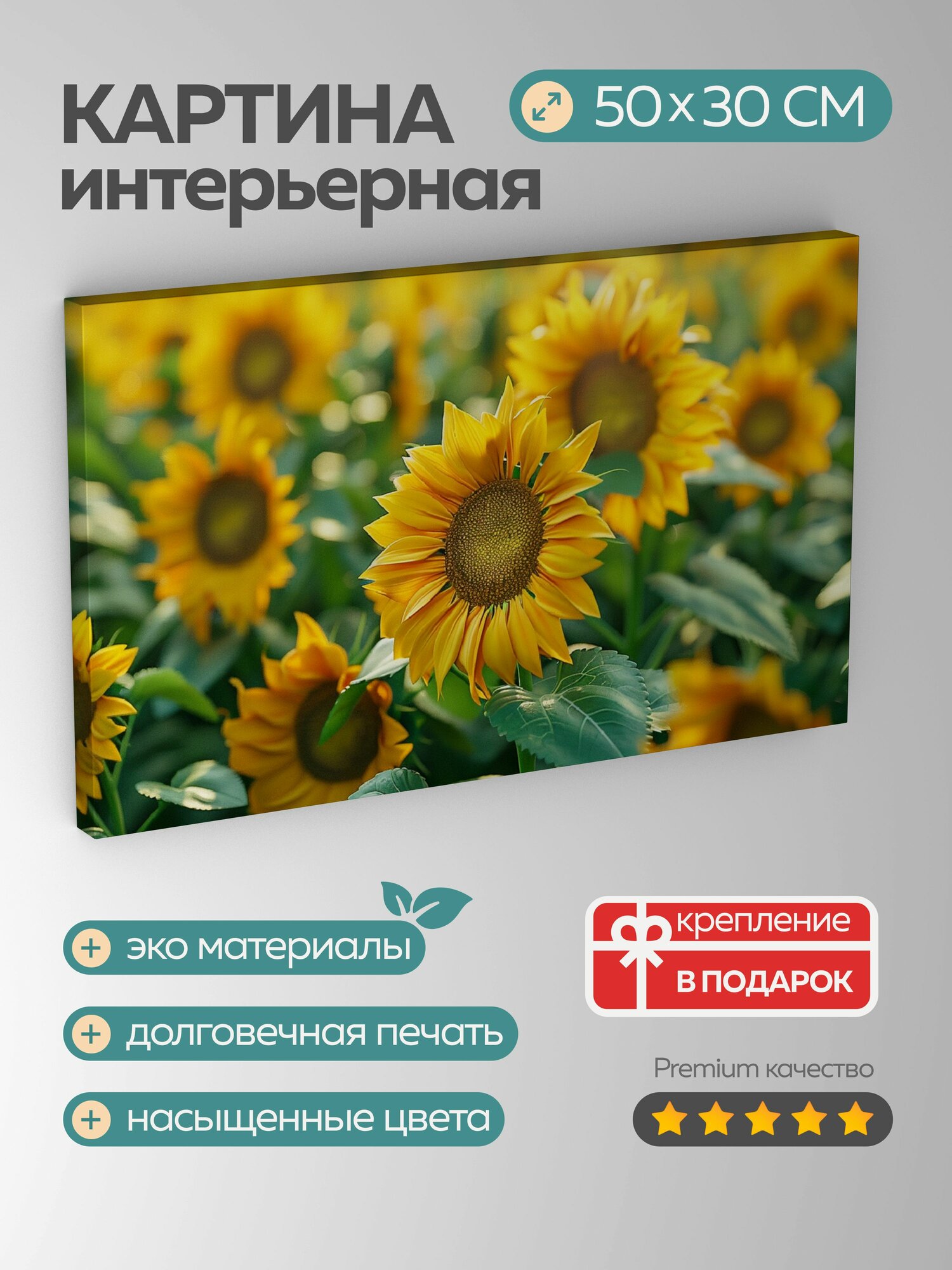 Картина на холсте интерьерная 50х30 см, подсолнечное поле, масляная живопись, ярко-желтые цветы, темно-зеленые листья