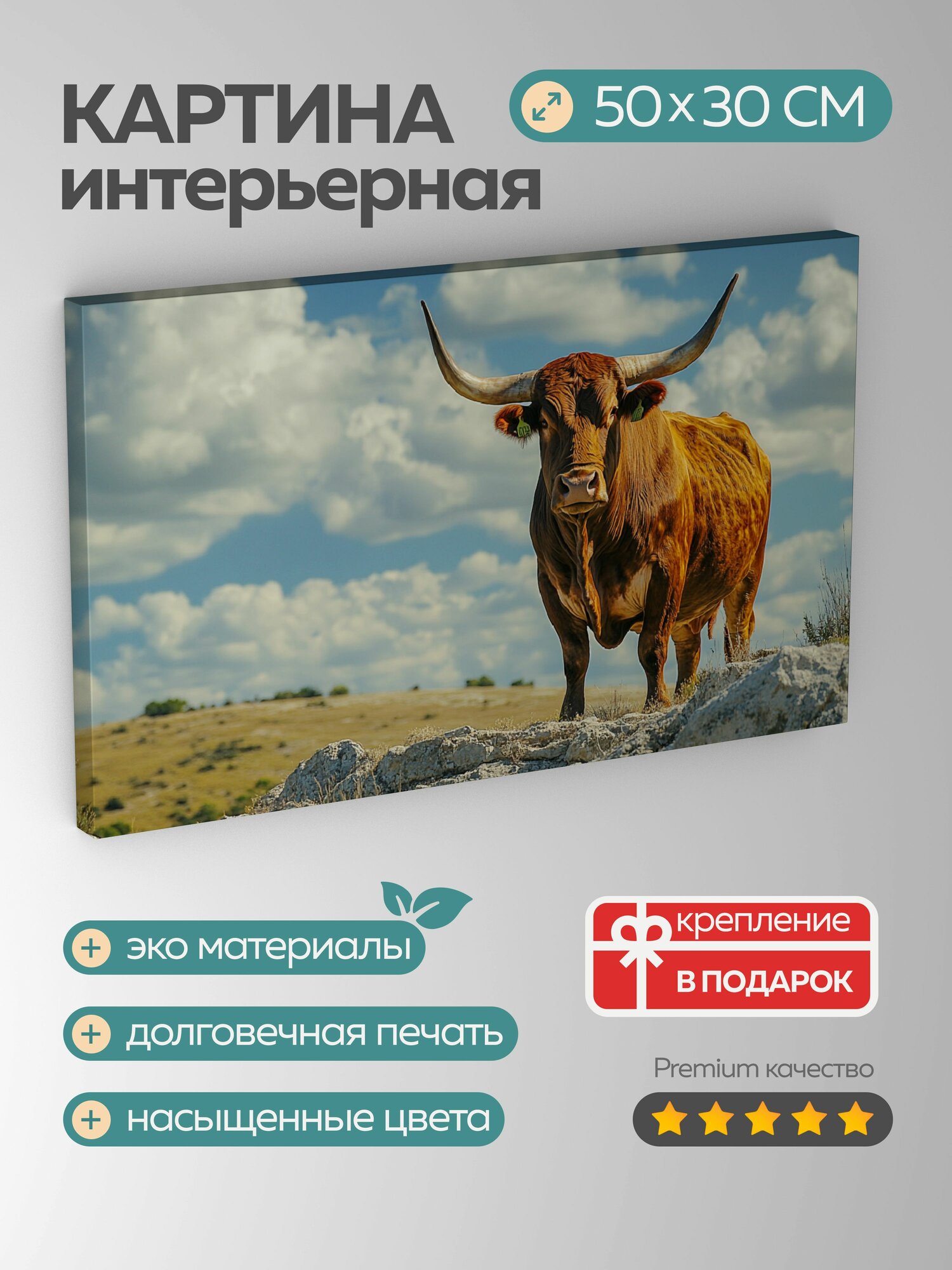 Картина на холсте интерьерная 50х30 см, Бык, знак зодиака, Телец, ландшафт, сила, солидность, Sony G Master, ISO 200, f