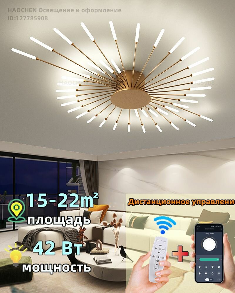 Люстра потолочная, Потолочный светильник фейерверка креативные, Светодиодная современная Люстра H019-yanhua-42-G-RC_42 Вт