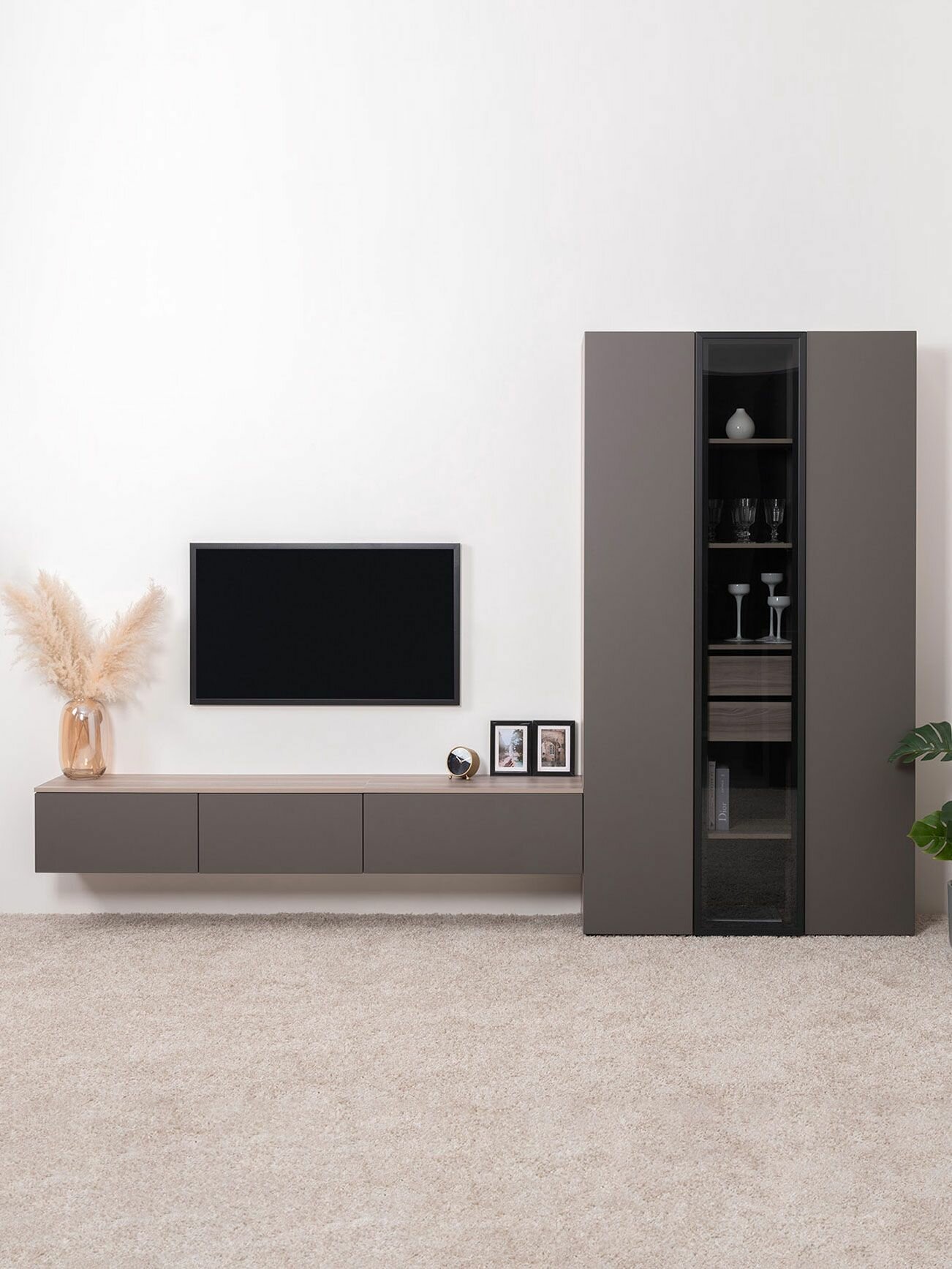 Гостиная комплект Роквуд Комби, ТВ-тумба, распашной шкаф, шкаф-витрина, 307.6x37.2x212 см, Эмили Блаш / Графит