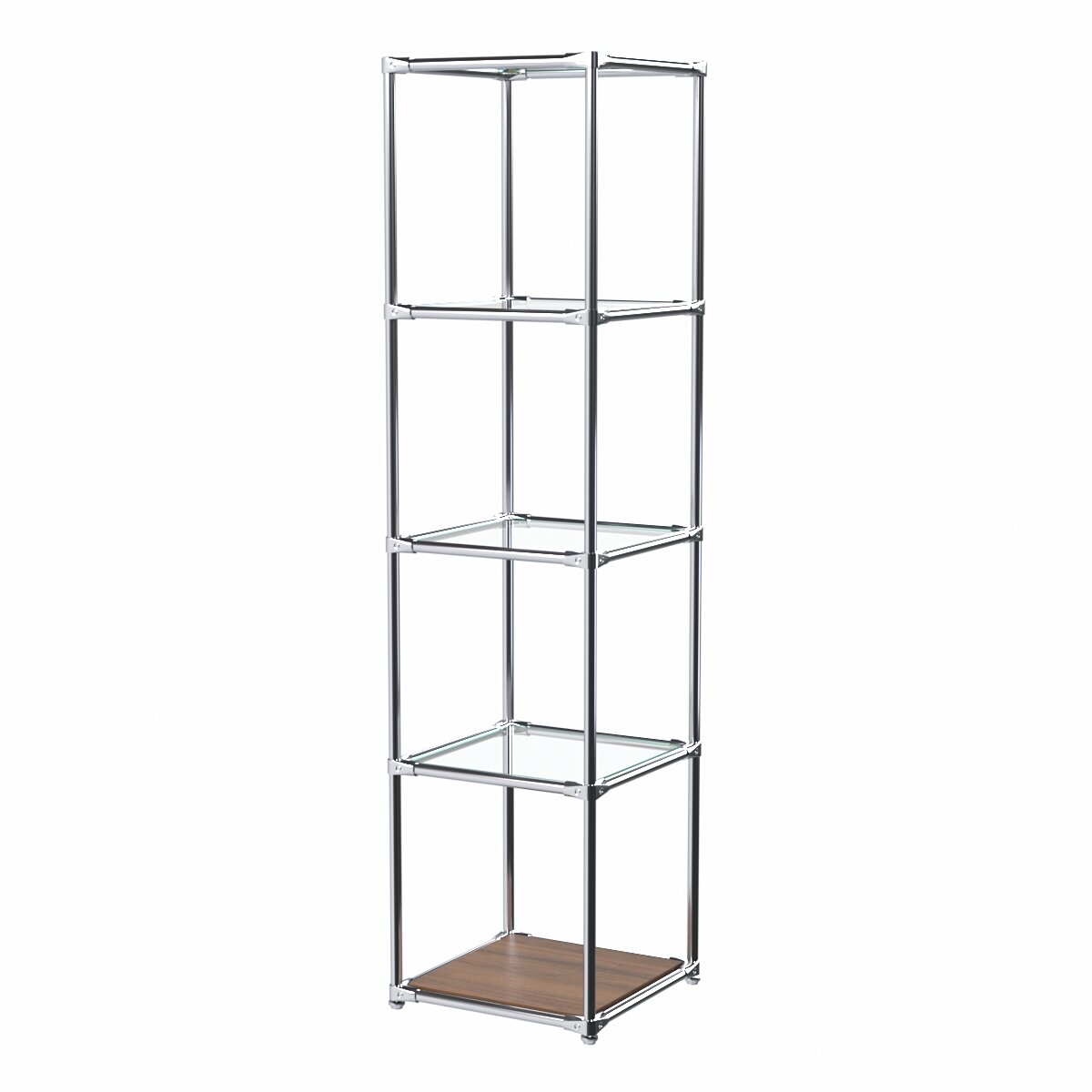 Торговый хромированный стеллаж с прозрачными полками №1, Орех