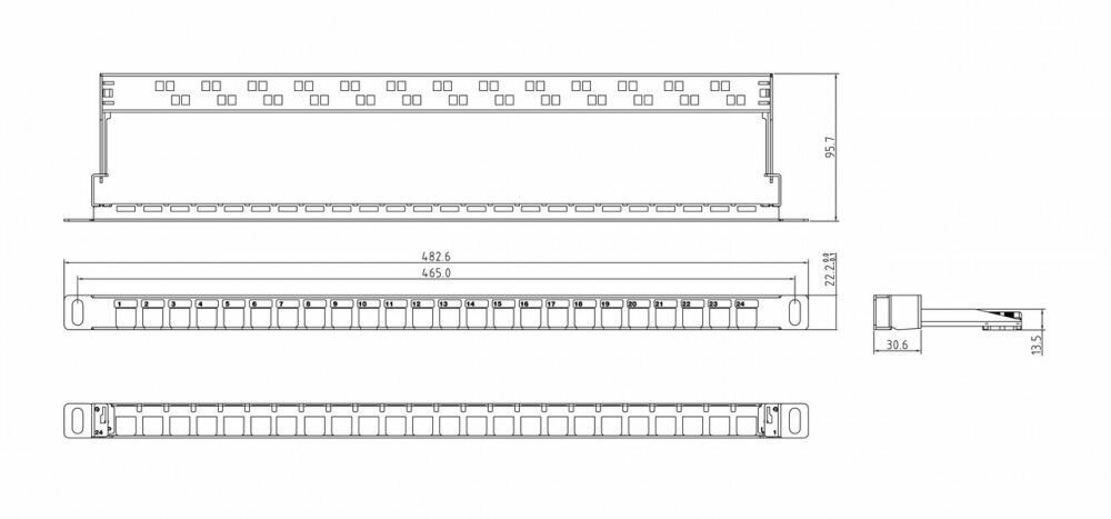 Патч-панель Hyperline наборная, 19", высота 0.5U, порты 24 (PPBLHD-19-24S-SH-RM)