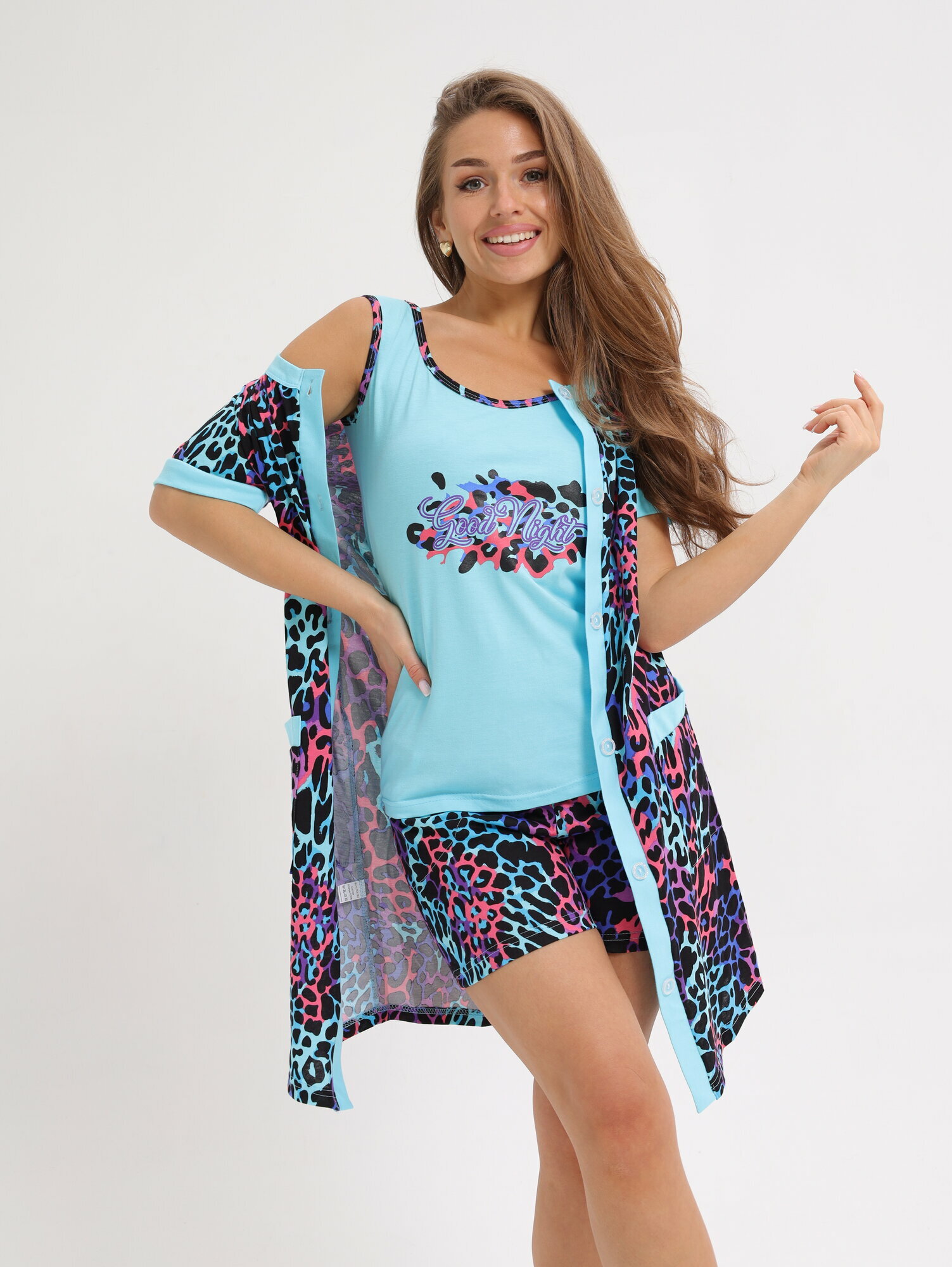 Комплект домашний женский с шортами, с халатом, пижама женская