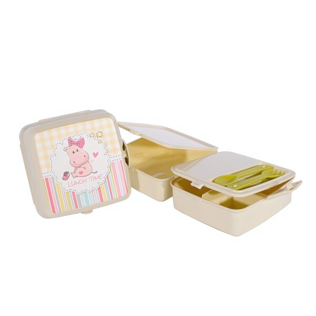 Ланч-бокс пластиковый "Bento" слоновая кость с рисунком бегемот, с отсеками и приборами