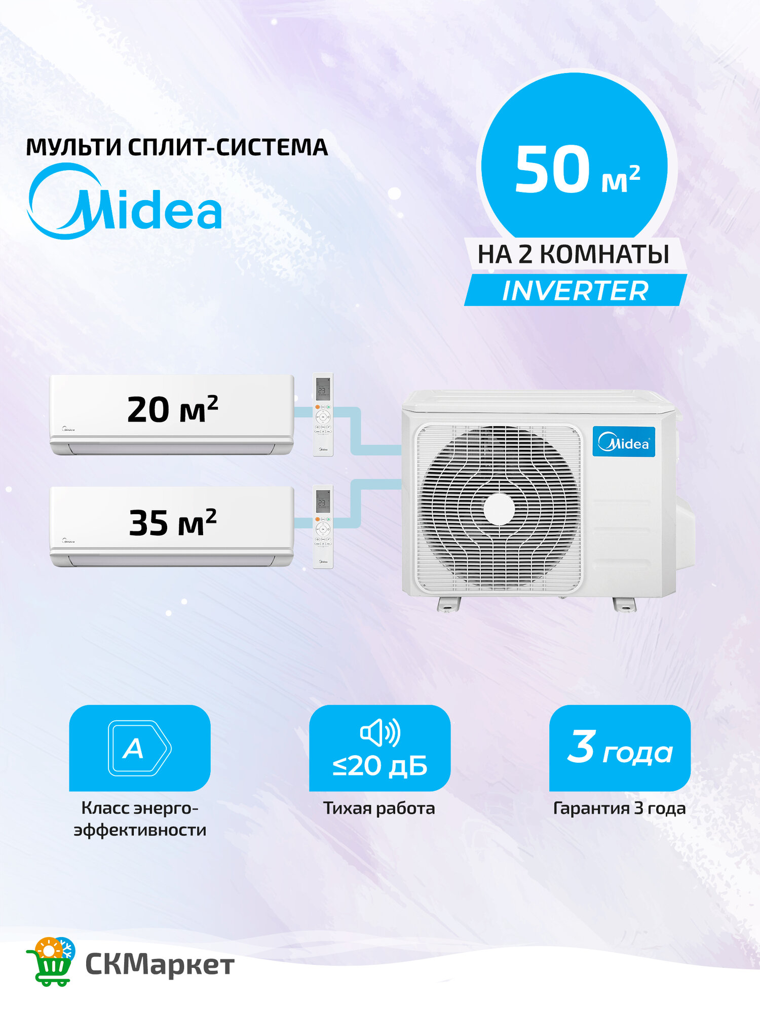 Мульти сплит система на 2 комнаты (20+35) кв. м. Midea MMAG2-09N8D0-I+MMAG2-12N8D0-I/M2OE-18HF8-Q1, кондиционер инверторный