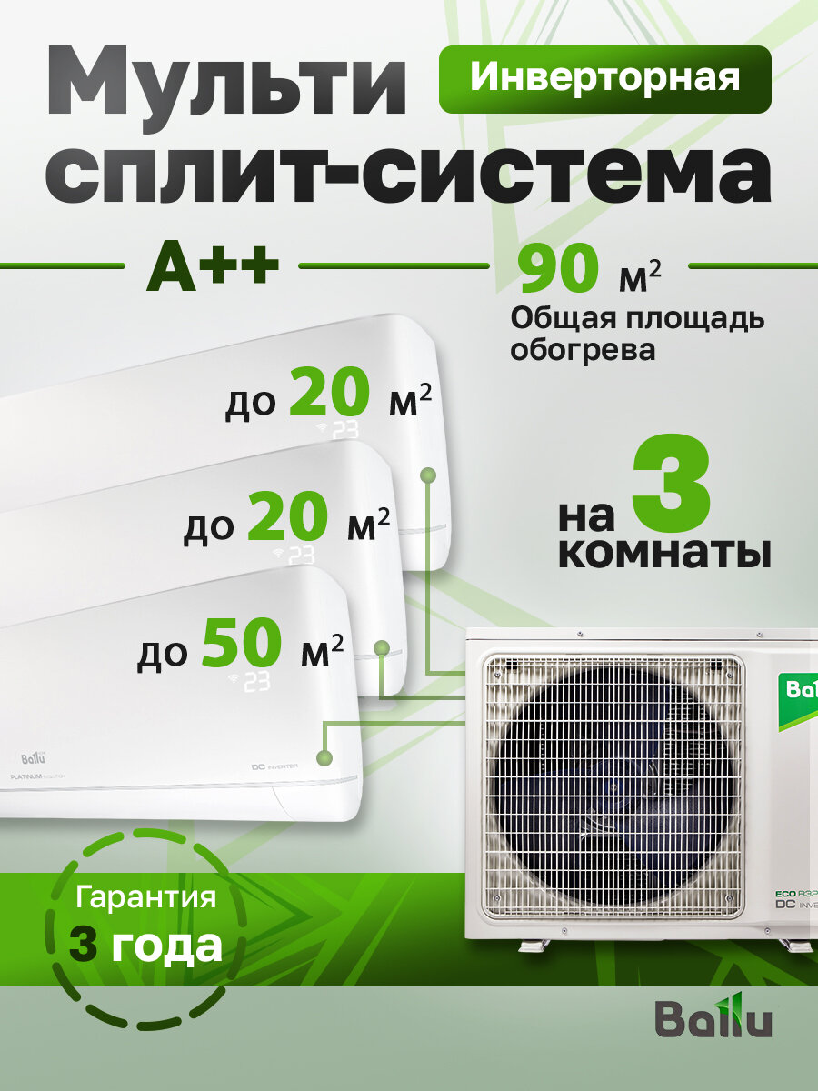 Mульти сплит-система на 3 комнаты 20+20+50м2 инвертор Ballu Free Match BA3OI-FM-27HN8/EU + 2 BSUI-FM-07HN8/EU + BSUI-FM-18HN8/EU