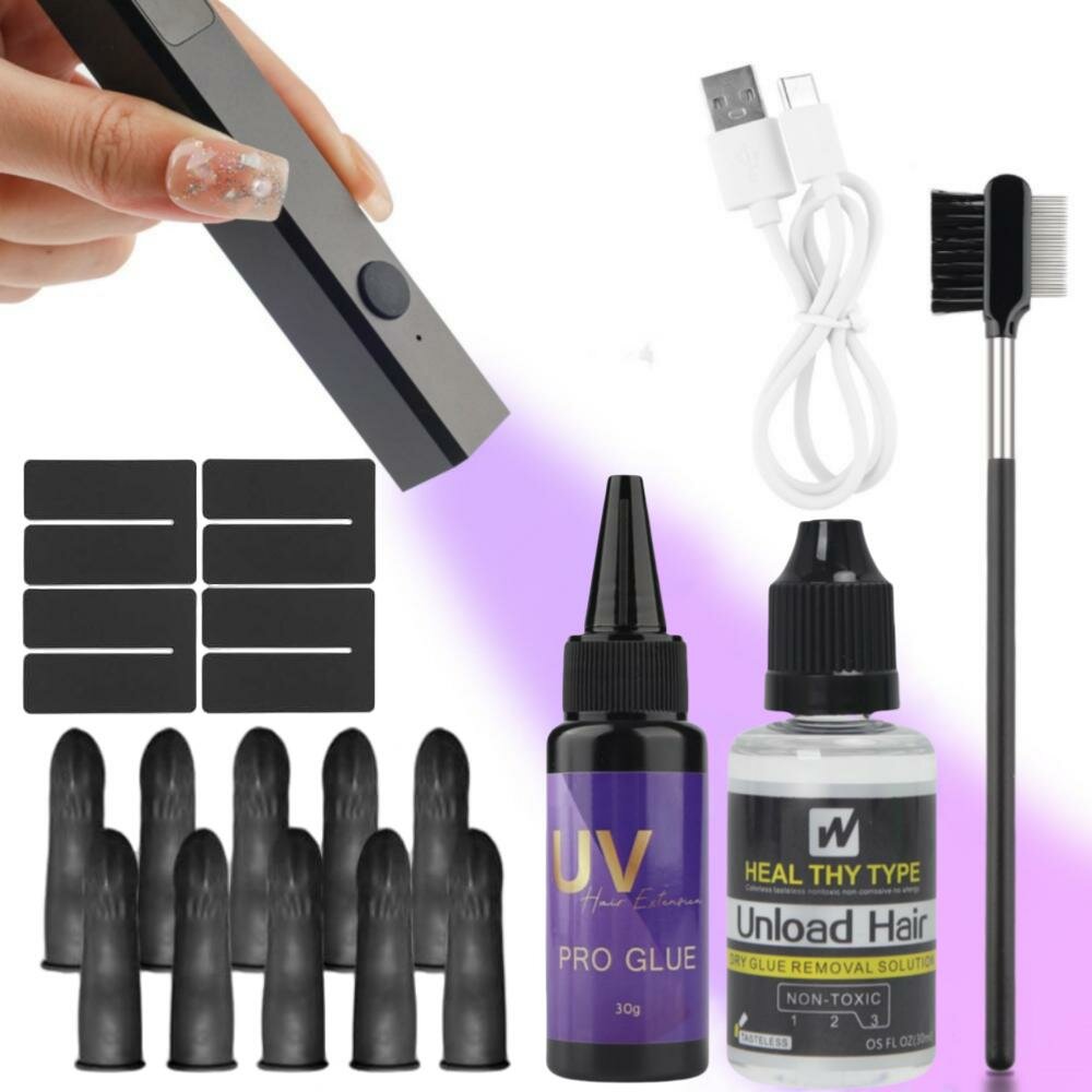 Набор для наращивания волос 30 г клея, средство для снятия, инструменты и лампа для UV-наращивания, быстрый и невидимый набор для удлинения волос