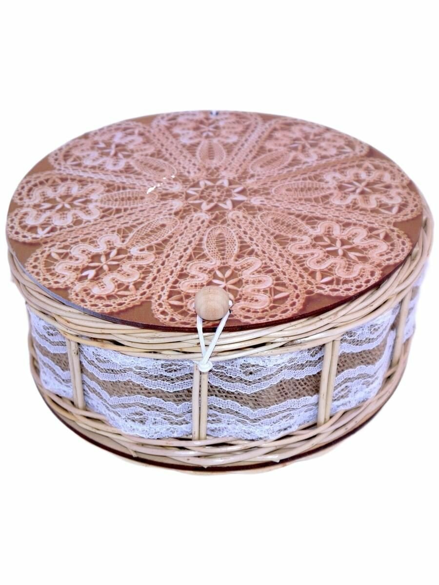 Шкатулка (корзина) плетеная круглая с принтом на крышке №1 - кружево, ручное плетение из лозы