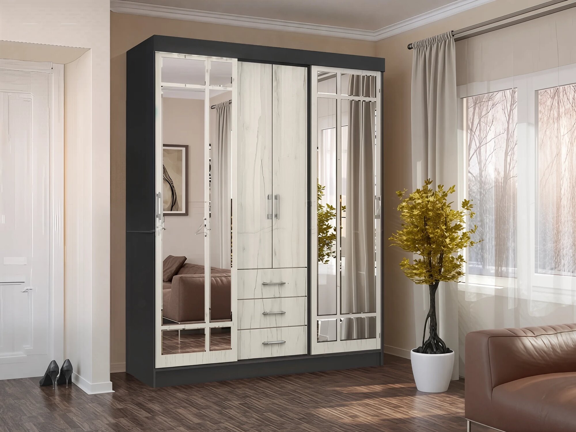 Шкаф-купе Маэстро 1700х2220х574 (Дуб Крафт Белый, Графит)