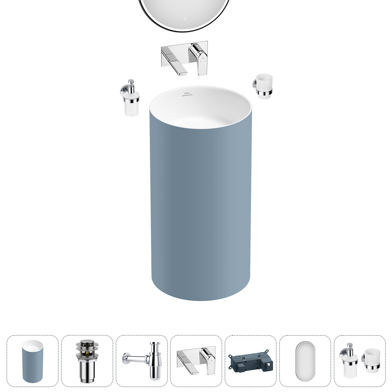 Круглая напольная раковина для ванной Wellsee Chalice Perfection 20220042R в наборе 6 в 1: напольная отдельностоящая раковина моноблок (матовый светло-синий / белый глянец), донный клапан, сифон, смеситель, зеркало, аксессуары (цвет хром)