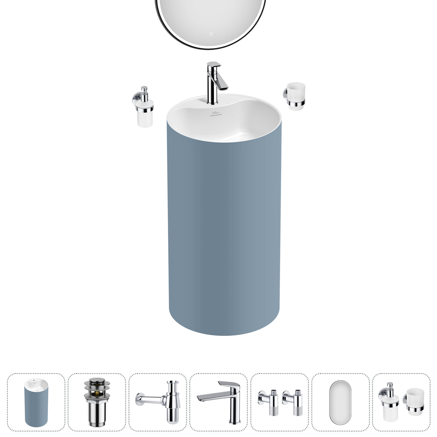Круглая напольная раковина для ванной Wellsee Chalice Perfection 20220110R в наборе 7 в 1: напольная отдельностоящая раковина моноблок (матовый светло-синий / белый глянец), донный клапан, сифон, смеситель, вентили, зеркало, аксессуары (цвет хром)