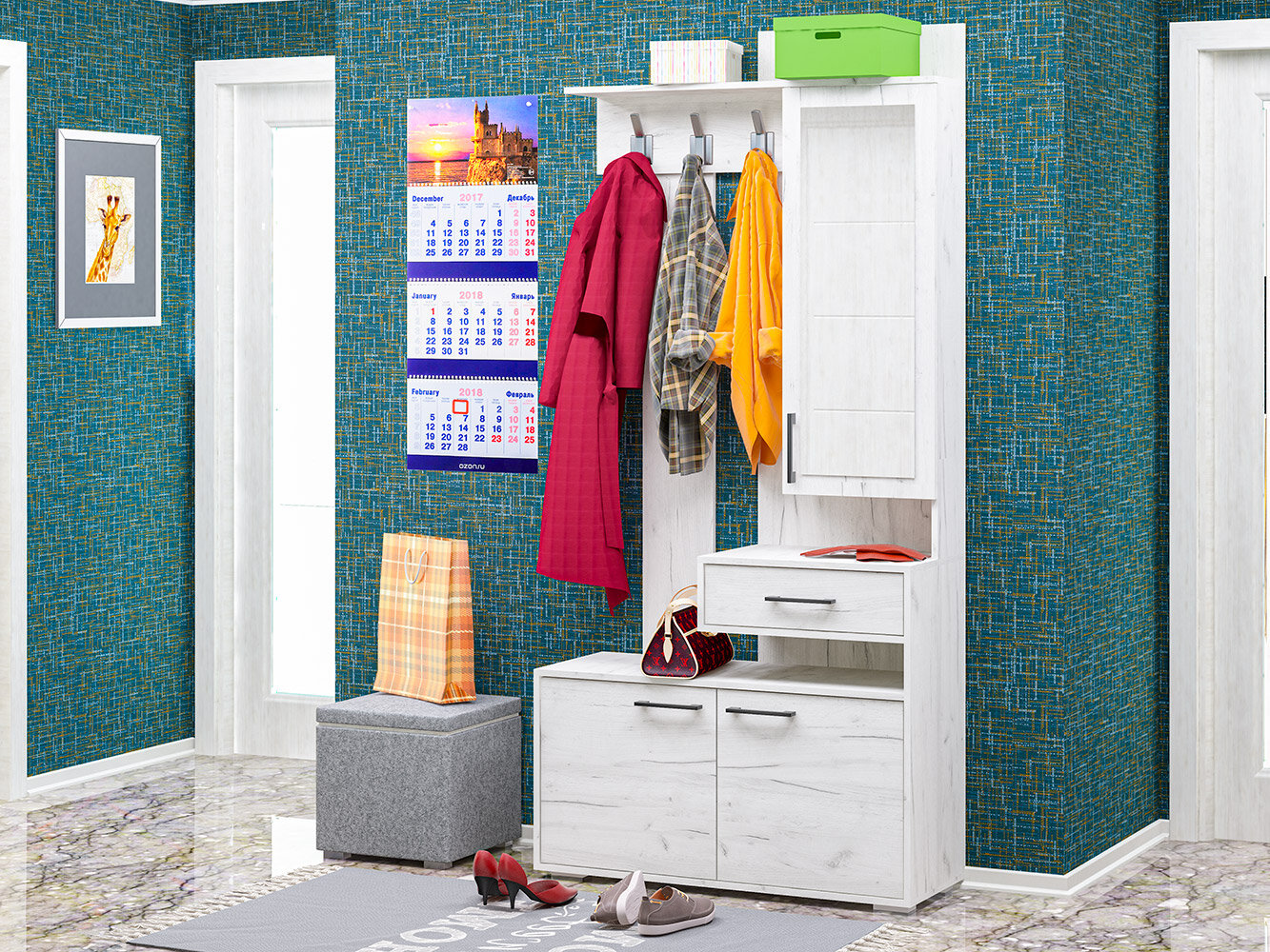 Прихожая ПР-11 МК Пирамида, с зеркалом, ящиком и тумбой, ЛДСП, цвет Крафт Светлый, 210x100x38 см