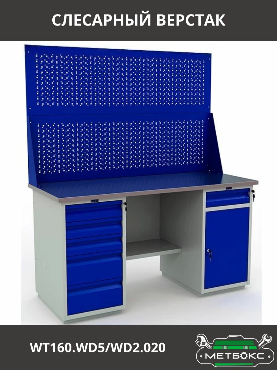 Верстак двухтумбовый слесарный Практик Profi W WT160. WD5/WD2.020 (с двумя перфорированными экранами, 1600 мм, для учебных заведений, монтажных и слесарных работ, универсальный)