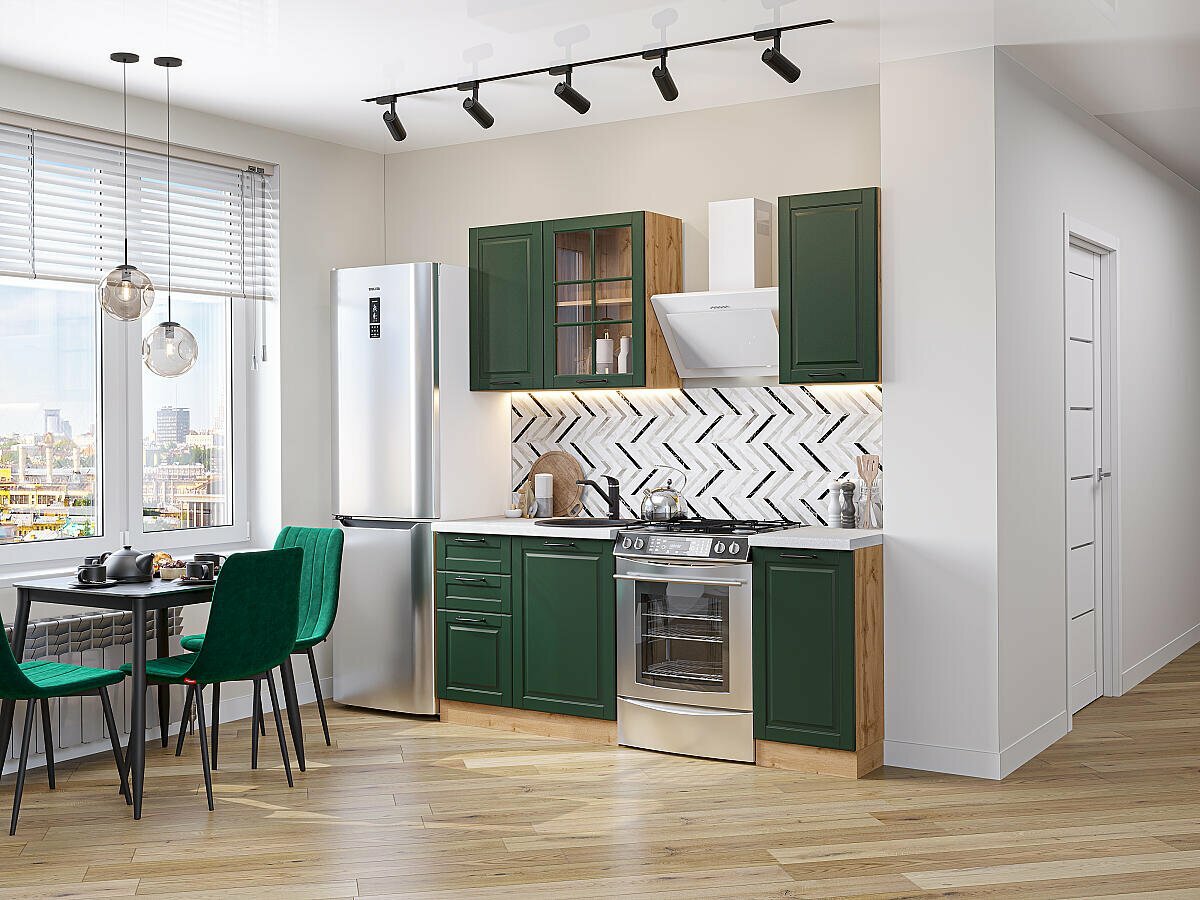 Кухня Дублин-04, цвет фасада Special Green, цвет каркаса Дуб Вотан, 2140*1300*600 мм