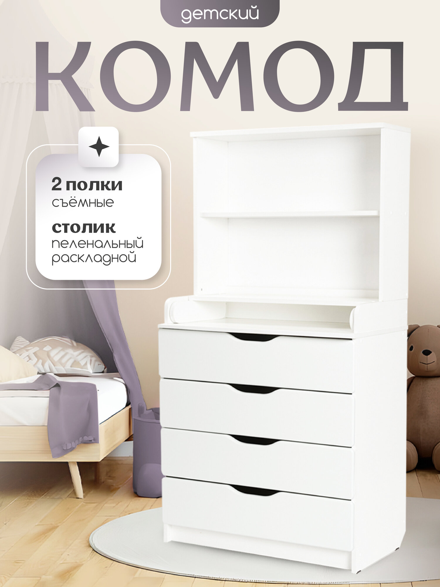 Детский пеленальный комод Bebizaro Bristol New WHITE PREMIUM