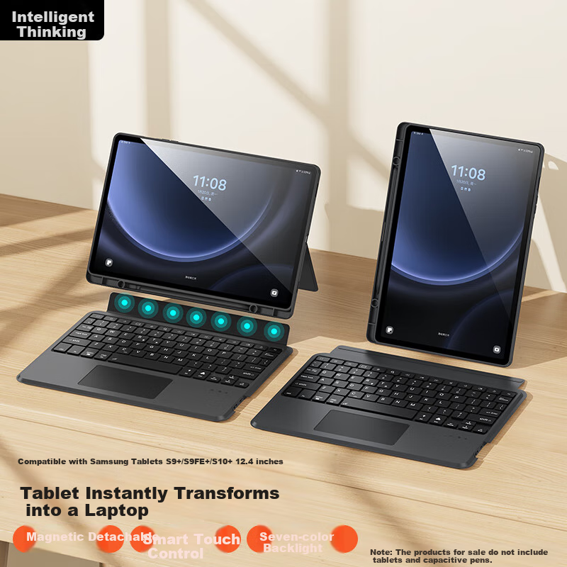 Intelligent Thought Bluetooth Keyboard Protective Case for Samsung Galaxy Tab S9+/S9FE/S10+ 12.4-inch Tablet Smart Touch Backlit Keyboard Magnetic Separable Shell Black
