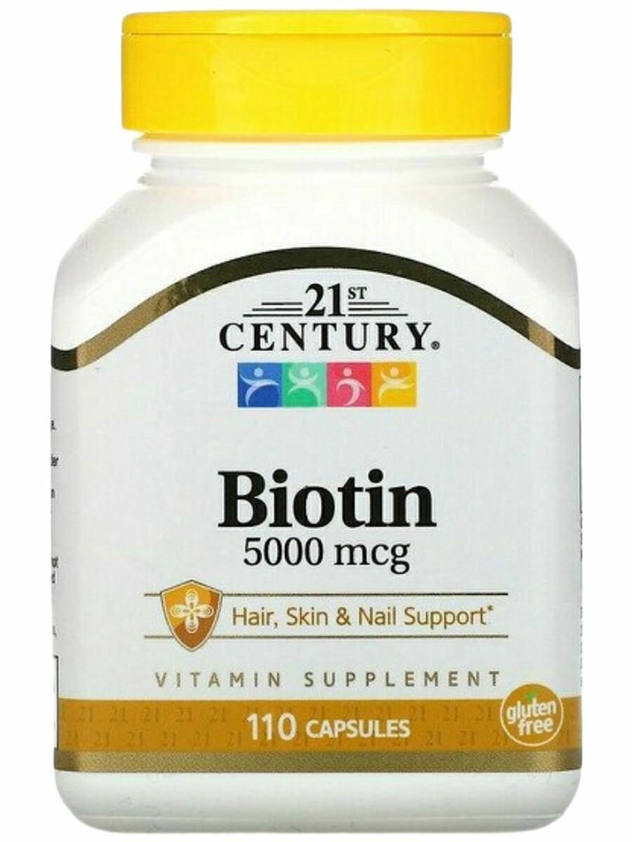 Биотин 21st Century Biotin, 110 капсул, 5000мкг, для красоты волос, кожи и ногтей