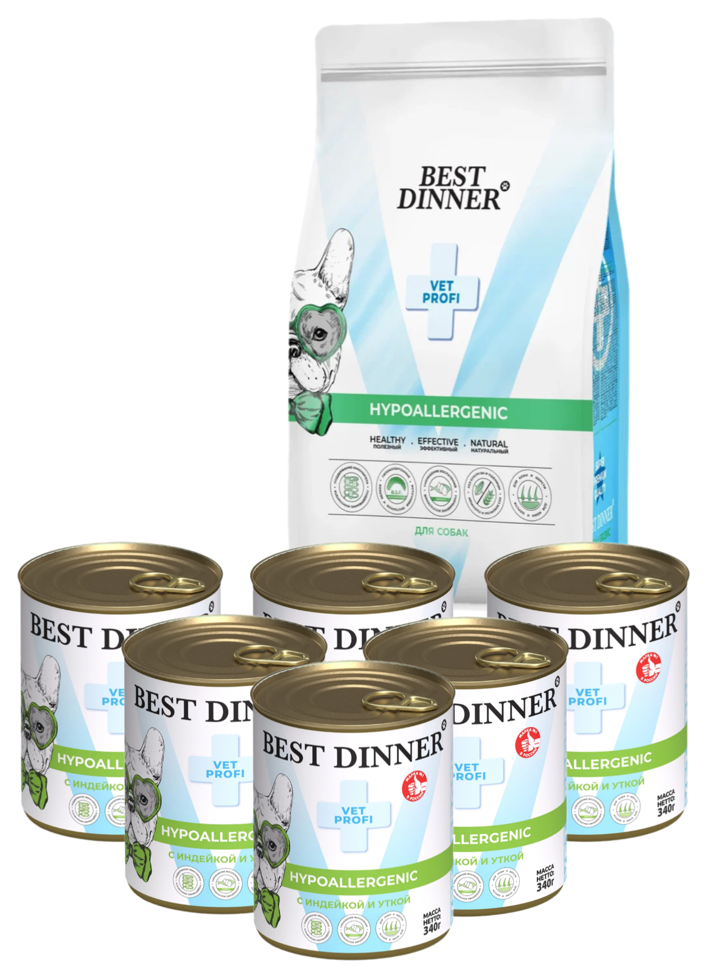 НАБОР Best Dinner Vet Profi Hypoallergenic Сухой корм для собак 12кг + Best Dinner Hypoallergenic Влажный корм для собак, Индейка и Утка 6шт*340гр