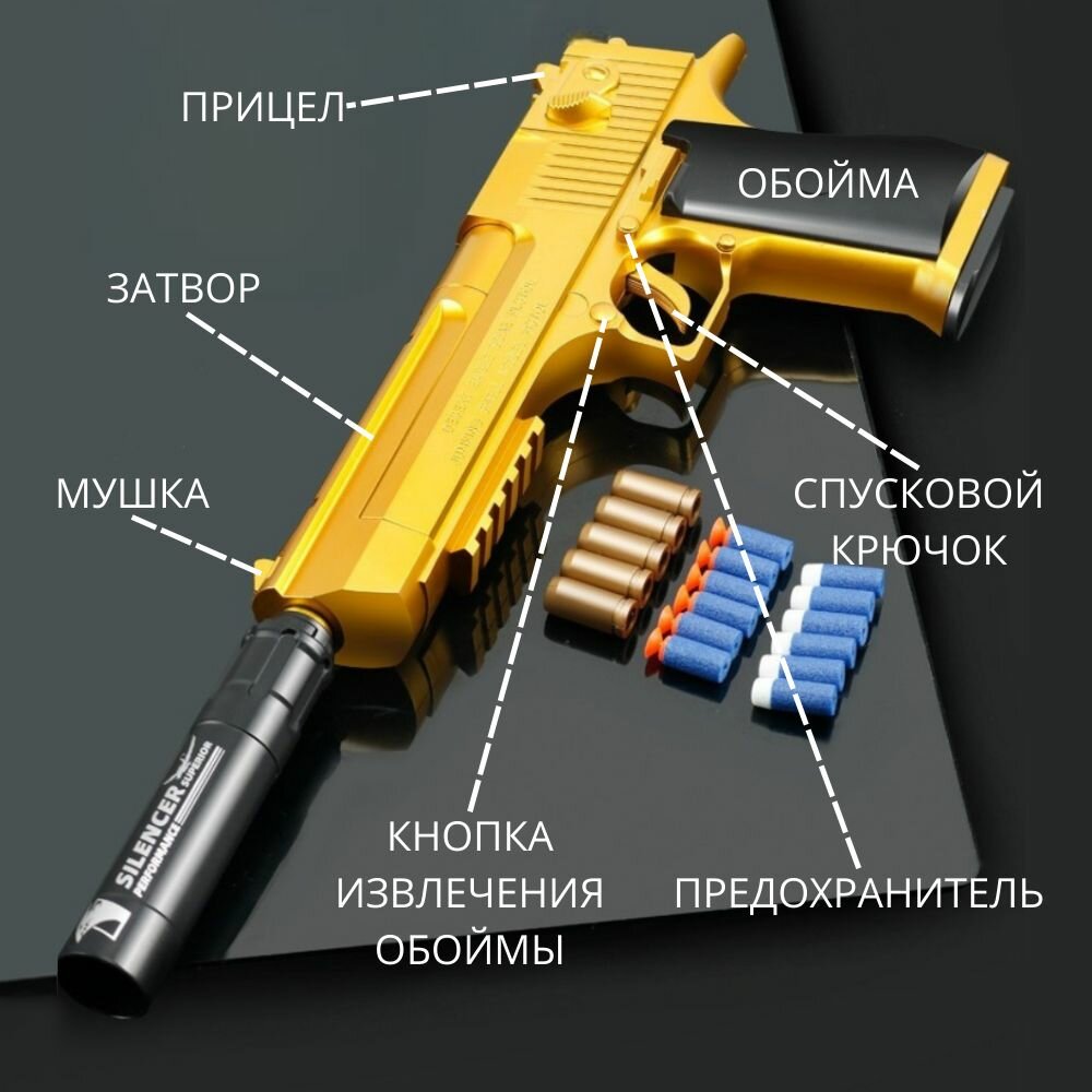 Детский игрушечный пистолет для мальчиков с глушителем и патронами (мягкими пулями и гильзами)