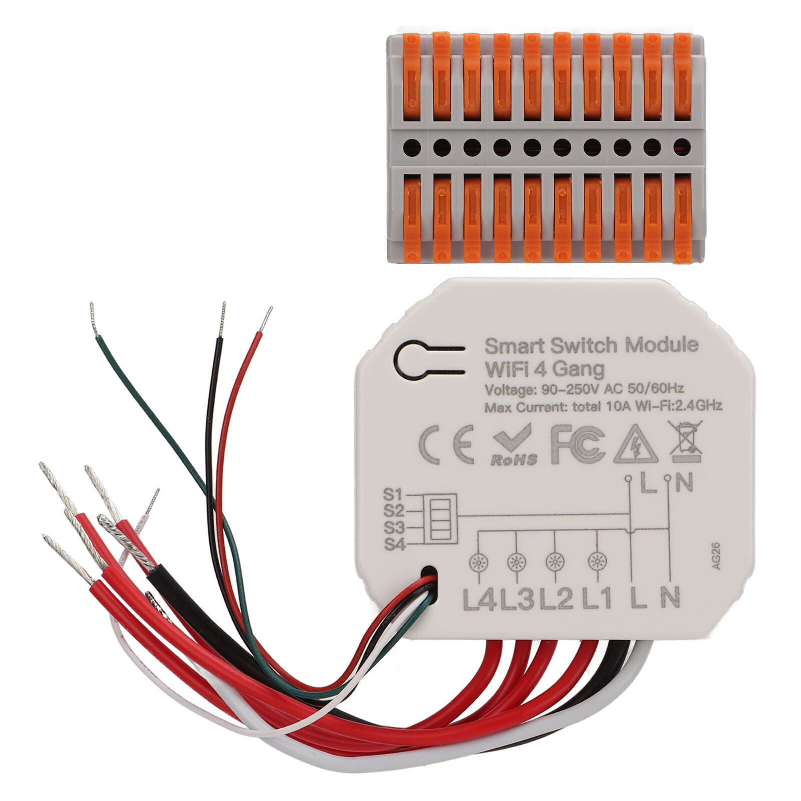 Умный модуль переключателя, 4 канала, дистанционное управление по Wi‑Fi 2,4 ГГц, таймер, 90‑250 В переменного тока.