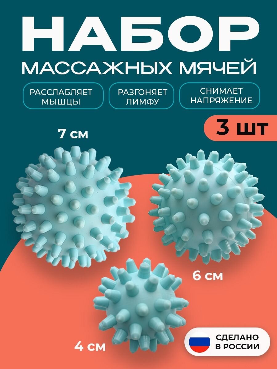 Набор 3в1 Массажный мяч "Добрый мячик" с шипами (4, 6 и 7 см) для спины и шеи, массажер для тела, мяч для МФР, релаксация.