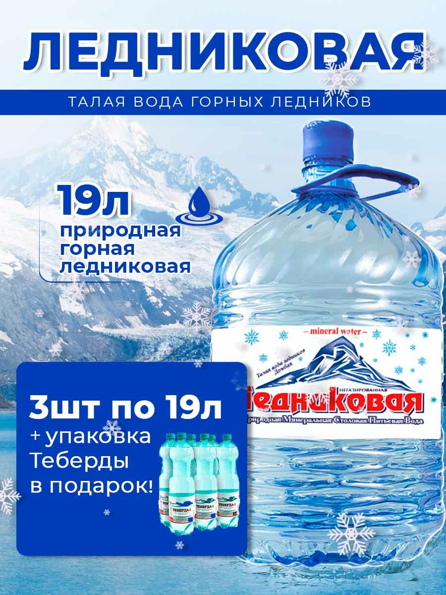Вода питьевая Ледниковая 19л (бутыль одноразовая 3 шт.)+Теберда 1,5л газированная (упаковка 6 шт.)