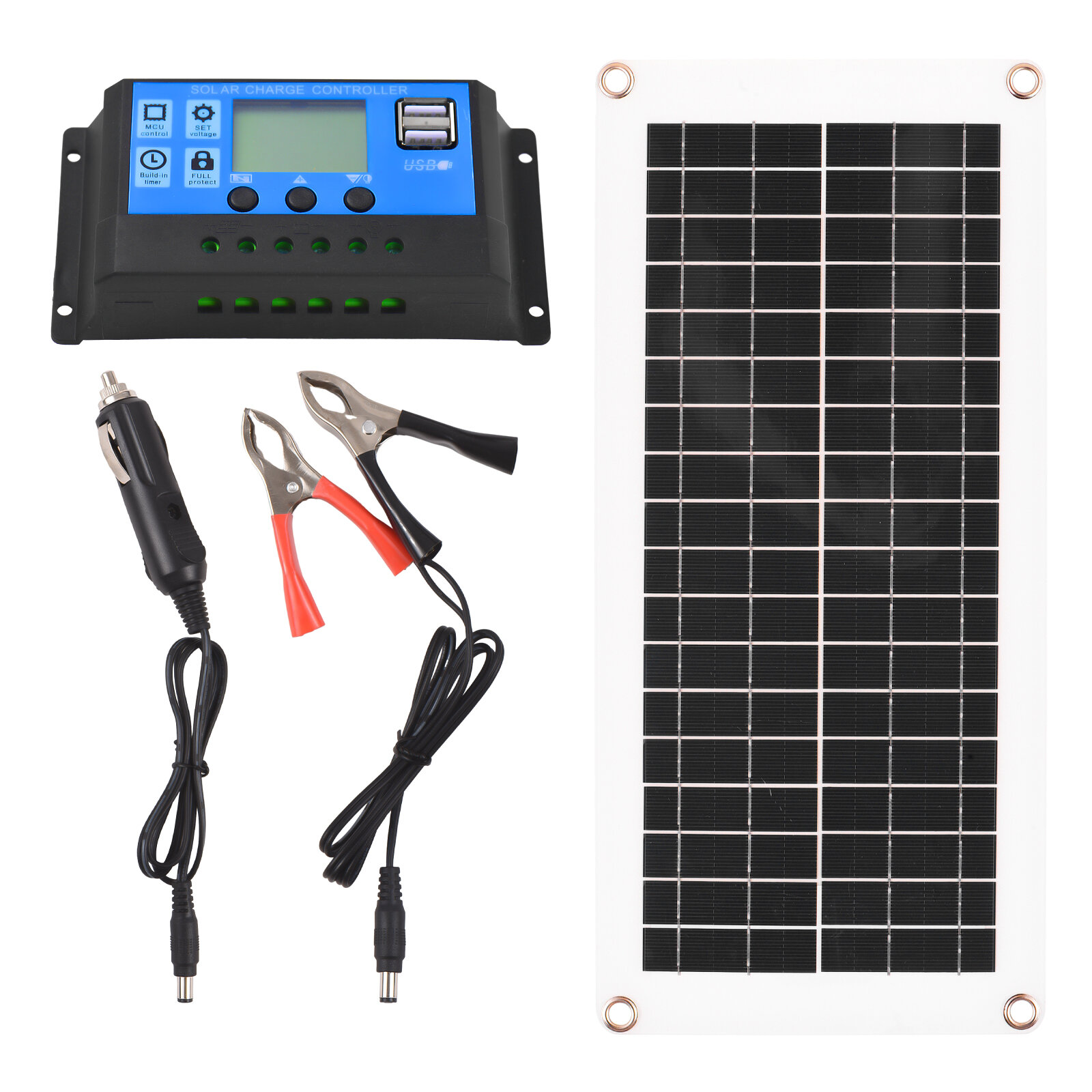20 Watt 12 Volt Solar Panel Kit Waterproof Polycrystalline Silicon Solar Panel 300W 60A PWM Charge Controller for RV Camper Vehicle Caravan White Black 435x200x2.5mm Panel 13x6.5x3cm Controller 2 USB Ports 1 Solar Panel 1 Controller 2 Alligator Clips 1