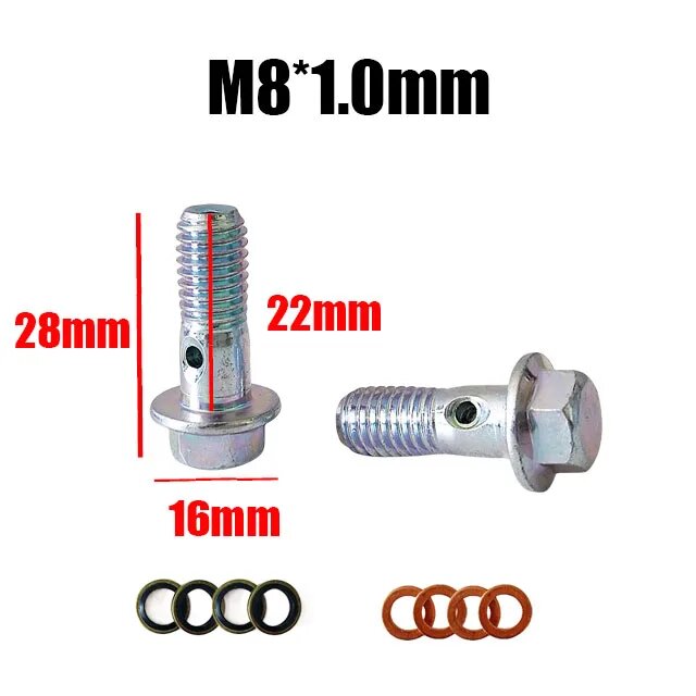 Болт банджо M8*1.0mm, серебряный, с шайбами